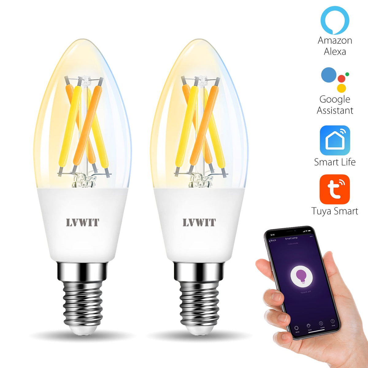Inteligente Wifi LED Bombillas | E14 C35 470Lm 2 Unidades | LVWIT